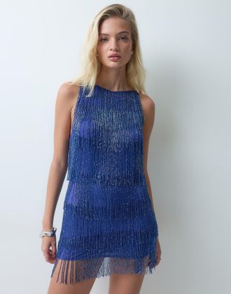 Asos Fransen-Minikleid mit Perlen in Kobaltblau