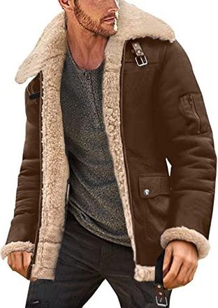 Generic Veste dhiver chaude en cuir synth&eacute;tique doubl&eacute; en polaire pour homme - Manteau de camionneur en daim doubl&eacute; Sherpa - Manteau de moto r&eacute;tro sans capuch