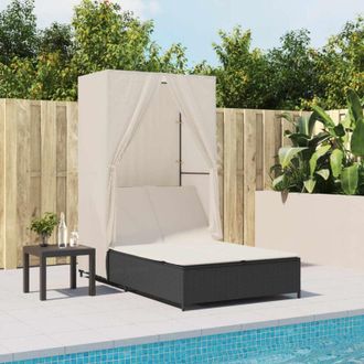 vidaXL Doppel-Sonnenliege mit Dach und Vorh&auml;ngen Schwarz Poly-Rattan - Vidaxl
