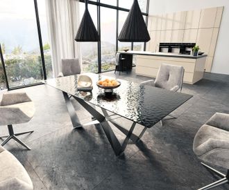 DELIFE Esstisch Edge 200x100 Reliefglas Rauchschwarz 3D-Design Spider Flachstahl Edelstahl, Esstische