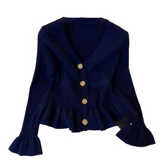 Generic Cardigan tricot&eacute; pr&eacute;coce pour femme - Motif trompette et feuille de lotus, bleu marine, Taille XS
