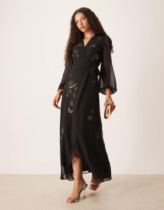 Hope & Ivy Robe cache-coeur longue ornement&eacute;e - Noir et dor&eacute;