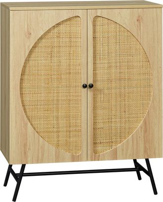 HOMCOM Aufbewahrungsm&ouml;bel Highboard in Holzoptik und Rohrgeflecht Design 2 T&uuml;ren - 80 x 39 x 101,8 cm naturfarben