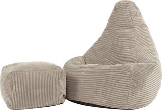 Icon Brand Dalton Sitzsack Kinder mit Hocker, Beige, Flauschiger Cord Stoff, Sitzsack Cord mit F&uuml;llung, Bequemer Kinder Gaming Sessel, Kuschelsessel, Lese Sessel