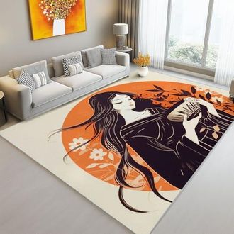 Generic Multicolore Lavable en Machine Tapis Salon Dessins &agrave; la Main Personnages Fleurs, 160 x 230 cm Doux Tapis de Sol Pelucheux Dessous Antid&eacute;rapant, Entree