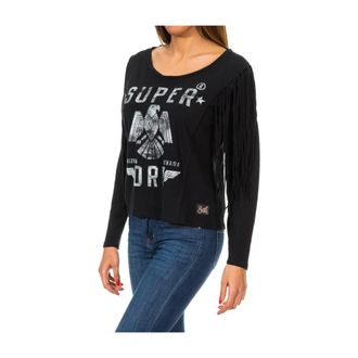 Superdry Rundhalsausschnitt Spitzen-Detail Langarm-Jersey - - Tops - Damen - Schwarzk - 2XS