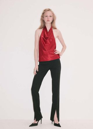 Mango Top mit Neckholder und drapiertem Ausschnitt rot - Damen - XS - MANGO