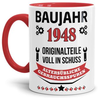 Tassendruck Geburtstags-Tasse Baujahr 1948 Innen & Henkel Rot/Kaffee-Tasse/Mug/Cup/Becher/Lustig/Witzig/Fun/Geschenk-Idee/Geburts-Jahr/Scherz-Artikel/Geburtstags-