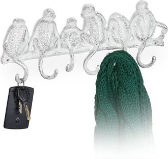 Relaxdays Garderobenleiste Affe, Gusseisen, HxBxT: 14,5 x 36,5 x 4 cm, 6 Garderobenhaken, antikes Schl&uuml;sselbrett, wei&szlig;