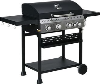 OUTSUNNY Barbecue &agrave; gaz 4+1 - 12,5 kW - 2 roues, &eacute;tag&egrave;res, thermom&egrave;tre, d&eacute;capsuleur, crochets - acier inox noir