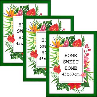 MG Design Set aus 3 Grün Bilderrahmen 45 x 60 cm - Aus echtem Holz mit Acrylglas, zum Aufhängen & Aufstellen, für Fotos, Poster & Puzzle