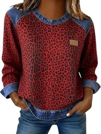 Generic Sweat-shirt en denim &agrave; carreaux pour femme - Col rond et manches longues Coupe ample Coupe ample Haut pull d&eacute;contract&eacute; pour les week-ends d&eacute;contract&eacute;s