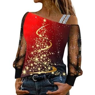 Generic Chemisier Noel Femme Chic Sexy Brillantes Paillettes Haut &Eacute;paules D&eacute;nud&eacute;es Imprim&eacute; Noel T-Shirt Femme Chic Et &eacute;l&eacute;gant Pull &Eacute;l&eacute;gant Blouse Loose Mode M