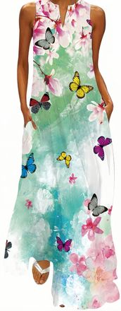 Ocean Plus Damen Ärmelloser Langer Rock V-Ausschnitt Bedrucktes Blumenkleid Ärmelloses Maxikleid mit V-Ausschnitt (3XL, Kirschblüten und Schmetterlinge)