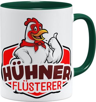 OM3 H&uuml;hnerfl&uuml;sterer Tasse Farmer H&uuml;hner Fl&uuml;sterer Huhn Hahn IV - Keramik Becher - 11oz 325ml - Beidseitig Bedruckt - Gr&uuml;n