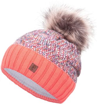 Faera Winterm&uuml;tze M&uuml;tze Damen gef&uuml;ttert mit Kunstfell Bommelm&uuml;tze Bommel Fleecefutter Winter Strickm&uuml;tze Beanie M&auml;dchen, Farbe:Orange