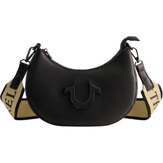 True Religion Womens Shoulder Bag Purse, Crescent Hobo Handbag with Adjustable Removable Strap and Horseshoe Logo, Black