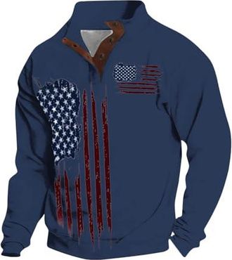 Generic Pull à col rond pour homme - Style décontracté - Imprimé 3D - Col montant - Bouton - Manches longues - Pull dhiver - Coupe ajustée, bleu, L