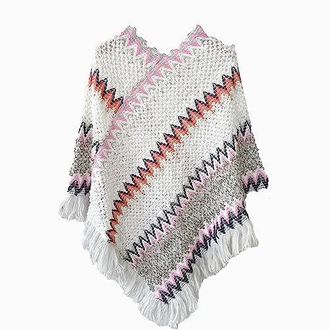 Generic Pull r&eacute;tro &agrave; pompons pour femme, poncho color&eacute; de style ethnique vintage en tricot torsad&eacute; ch&acirc;le enveloppant col en V Ponchos et capes dhiver tendance