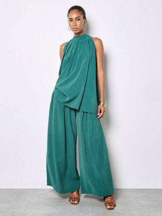 Apricot Blusentop Weiches Tunika-Oberteil mit Falten Einfarbig