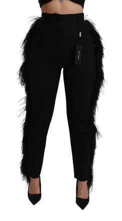 Dolce & Gabbana Womens Black Feather Straight High Waist Wool Pants Virgin Elastane