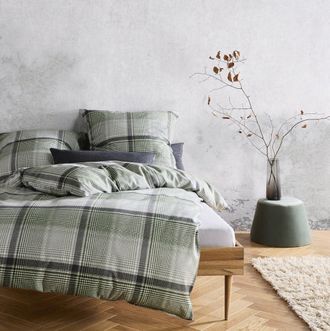 Fleuresse Lech Edelflanell Bettwäsche 135x200 Karo grün Silbergrau 604385-15