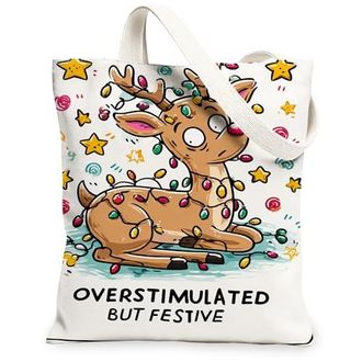 Generic Sacs fourre-tout en toile avec motif de renne de vacances, motif animal mignon, l&eacute;ger, lavable et r&eacute;utilisable pour les courses de No&euml;l, blanc, 13x15 