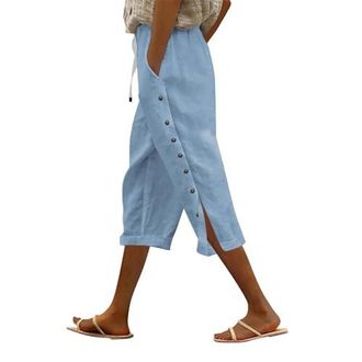 Generic Short d&eacute;t&eacute; d&eacute;contract&eacute; en cuir pour femme - En coton et lin - &Eacute;lastique - Sept - Formel, 1-Bleu clair, XXL