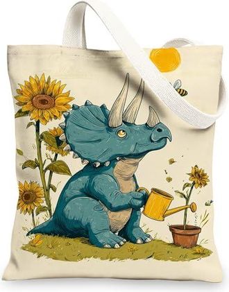 Generic Triceratops Sacs fourre-tout en toile réutilisables, motif floral de dinosaure, imprimé nature ludique, léger, lavable, beige, 13x15 Inch