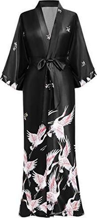 prodesign denmark BABEYOND Kimono Long en Satin Robe de chambre Longue pour Femme Peignoir Long Satin avec Motif Grue (Taille Unique) (Noir)