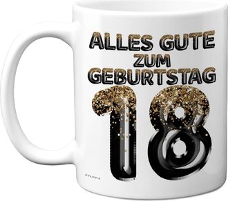 Stuff4 18. Geburtstagsgeschenke - Schwarz Gold Glitzerballons Tasse - Geburtstag Tasse f&uuml;r M&auml;nner und Frauen, 325 ml Premium-Keramiktasse, Sp&uuml;lmaschinenfest