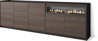 Skraut Home | Sideboard, Highboard | Kommode, Komodenschrank | 260x80x37 cm | 5 Türen | Elektrokamin. | Moderner Stil | Dunkler Eiche und Schwarz