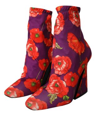 Dolce & Gabbana Womens Purple Floral Jersey Stretch Boots Shoes Fabric