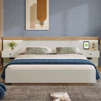 Merax Doppelbett Holzbett 160x200 cm in Eiche Sonoma/Wei&szlig; - mit 2 LED-Nachttischen & USB-C Steckdose, Schwebendes Bettgestell mit Lattenrost & Kopfteil, Sch