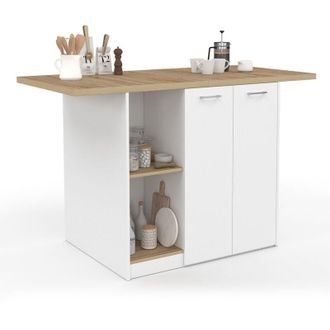 IDMarket Ilot central bao 140 cm 4 personnes bois blanc avec plan de travail fa&ccedil;on h&ecirc;tre