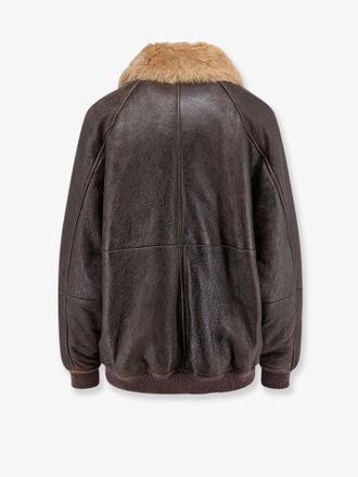 Brunello Cucinelli Womens Leather Jacket With Shearling Collar Brown