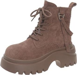 Generic Bottines à lacets pour femme avec fermeture éclair - Semelle épaisse - Talon épais - Bout rond - Bottes de combat en cuir - Confortables - Antidérapan