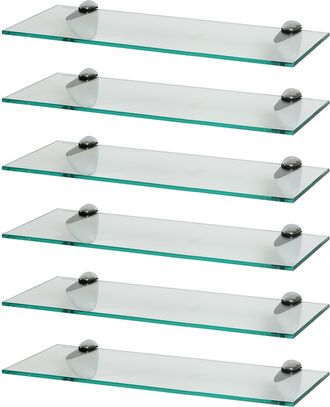 Harbour Housewares 6X Klar 50cm Schwebende Wandregale aus Glas - Badezimmer Dusche K&uuml;che Regale Lagerung Anzeigeeinheit mit Silberne Klammern