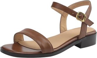 Smilice Sandales décontractées en cuir à talon plat et bout ouvert pour femme, marron clair, 39 EU