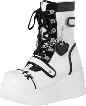 Generic Bottes Femme Plateforme Bout Rond Gothiques Punk avec Lacets et Boucles Semelle Compens&eacute;e Patchwork Bottes Elegant Antid&eacute;rapante Confortables Chaussur