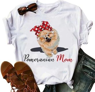 Keephen Graphique Pomeranian T-Shirt Femmes Propri&eacute;taire de Chien Pomeranian T-Shirt Mignon Pom Impression 3D Manches Courtes Tops Col Rond Streetwear