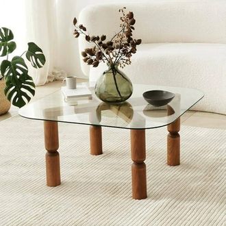 Dmora Wohnzimmertisch Psamathe, Niedriger Wohnzimmertisch, Kaffeeregal, Couchtisch f&uuml;r Sofa, 80x80h40 cm, Nussbaum und Transparent