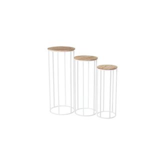 Unimasa Set de 3 sellettes rondes en m&eacute;tal blanc et plateaux bois 31x31x81cm