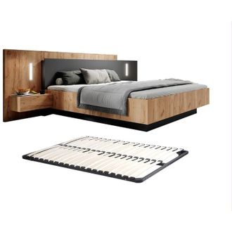 Vente-Unique Vente-unique - Lit avec chevets 160 x 200 cm - 2 tiroirs - Avec LEDs - Coloris : Naturel et anthracite + Sommier - francoli