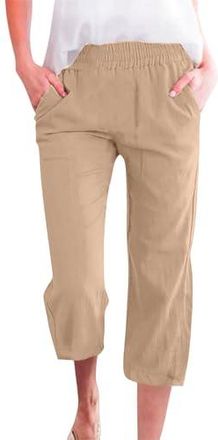 Generic Ydsxlp Pantalon d&eacute;t&eacute; en coton et lin pour femme - Couleur unie - Taille &eacute;lastique - Pantalon capri grande taille - Pantalon ample &agrave; jambe droite - Pan