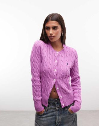 Polo Ralph Lauren Gilet en maille torsad&eacute;e de coton &agrave; logo embl&eacute;matique - Rose