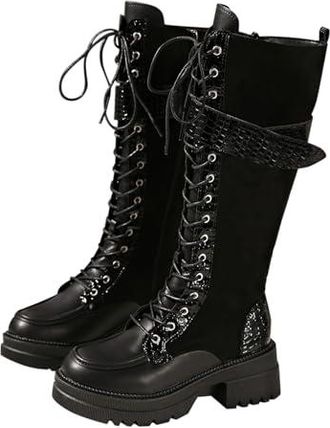 Generic Bottes de motard pour femme, bottes de combat gothiques &agrave; grosses plateformes, bloc de couleurs, lacets et fermeture &eacute;clair, bottes dhiver, punk, rave