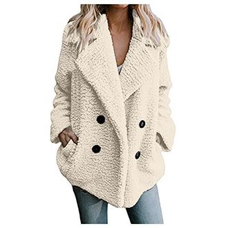 Generic Veste en peluche Fuzyy pour femme - Manteau dhiver à revers double boutonnage - Grande taille - Manteau dextérieur ample avec poches - Tenue chaude po