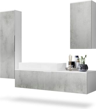 Vladon Badm&ouml;bel Komplettset Beach, Made in Germany, Korpus in Wei&szlig; matt/Fronten in Beton Oxid Optik, mit Aufsatzwaschbecken
