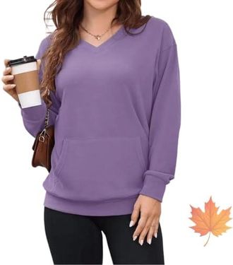 Generic Recollectk Sweat à capuche sans chapeau à col en V avec poches pour femme - Décontracté - Surdimensionné - Pull léger à manches longues en polaire, vi